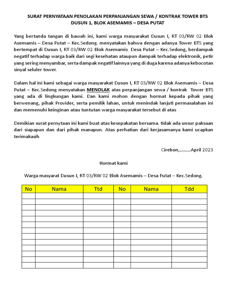 Surat Pernyataan Penolakan Perpanjangan Sewa | PDF