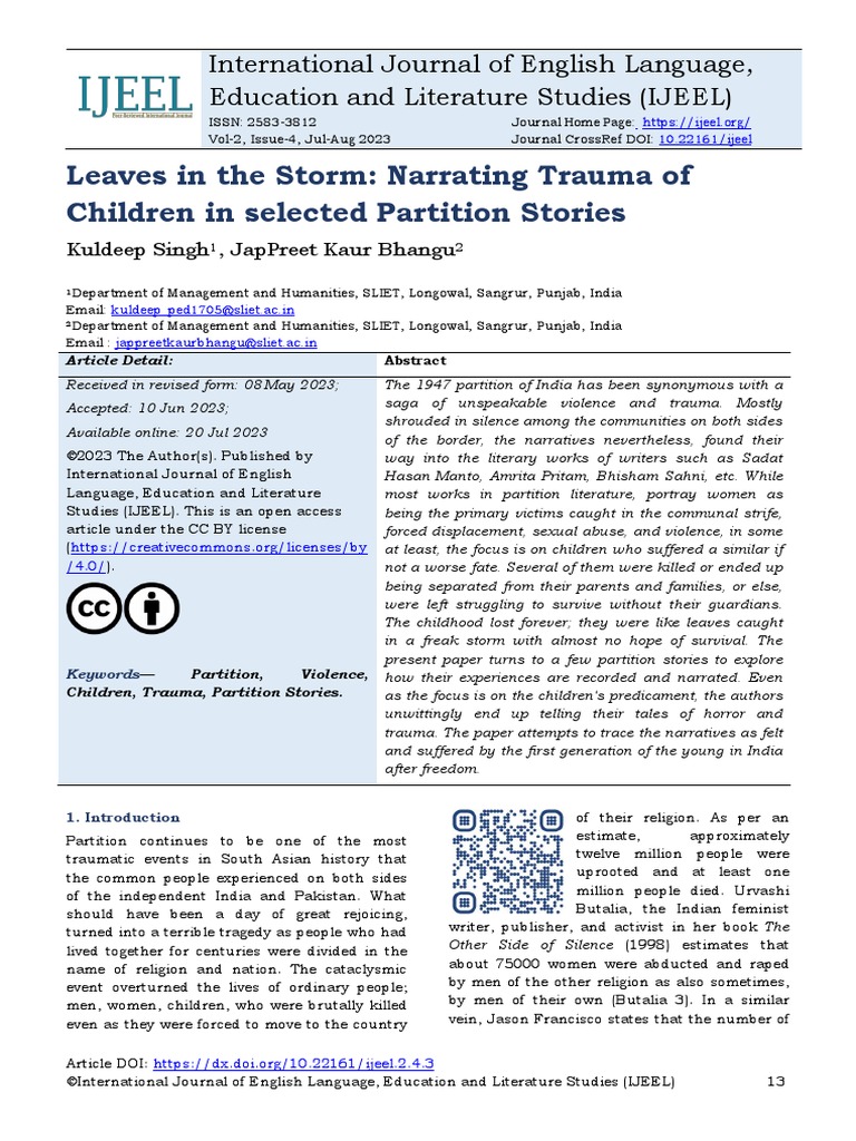 Leaves in The Storm: Narrating Trauma of Children in Selected Partition ...