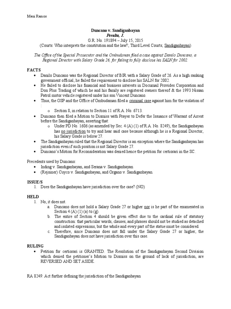 Sandiganbayan Jurisdiction Ruling on Duncano | PDF | Jurisdiction ...
