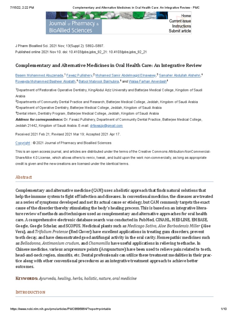 2021 - Complementary and Alternative Medicines in Oral Health Care - An Integrative Review - PMC ...