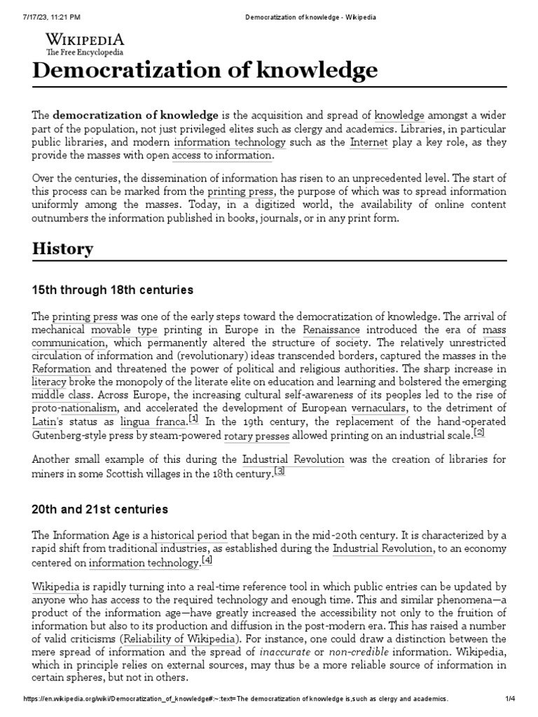 Democratization of Knowledge - Wikipedia | PDF | Printing Press | Communication