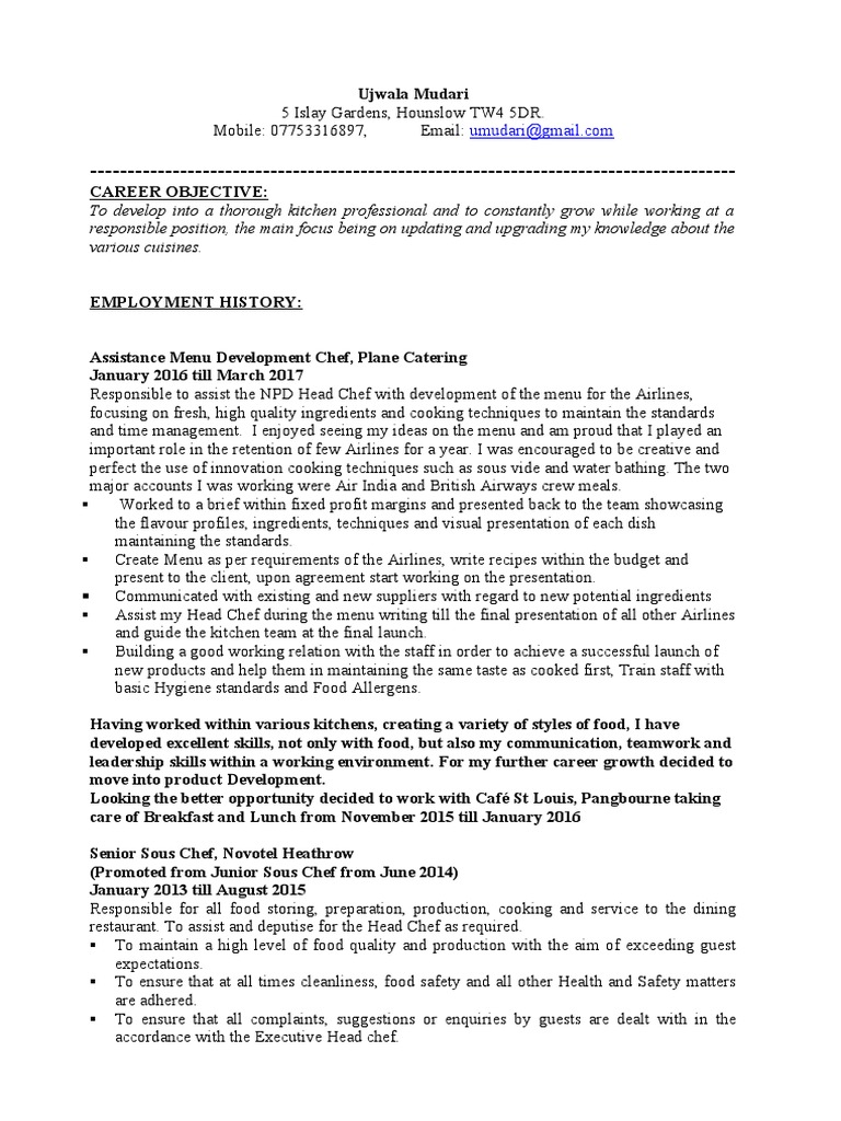 Ujwala CV | PDF | Chef | Cuisine