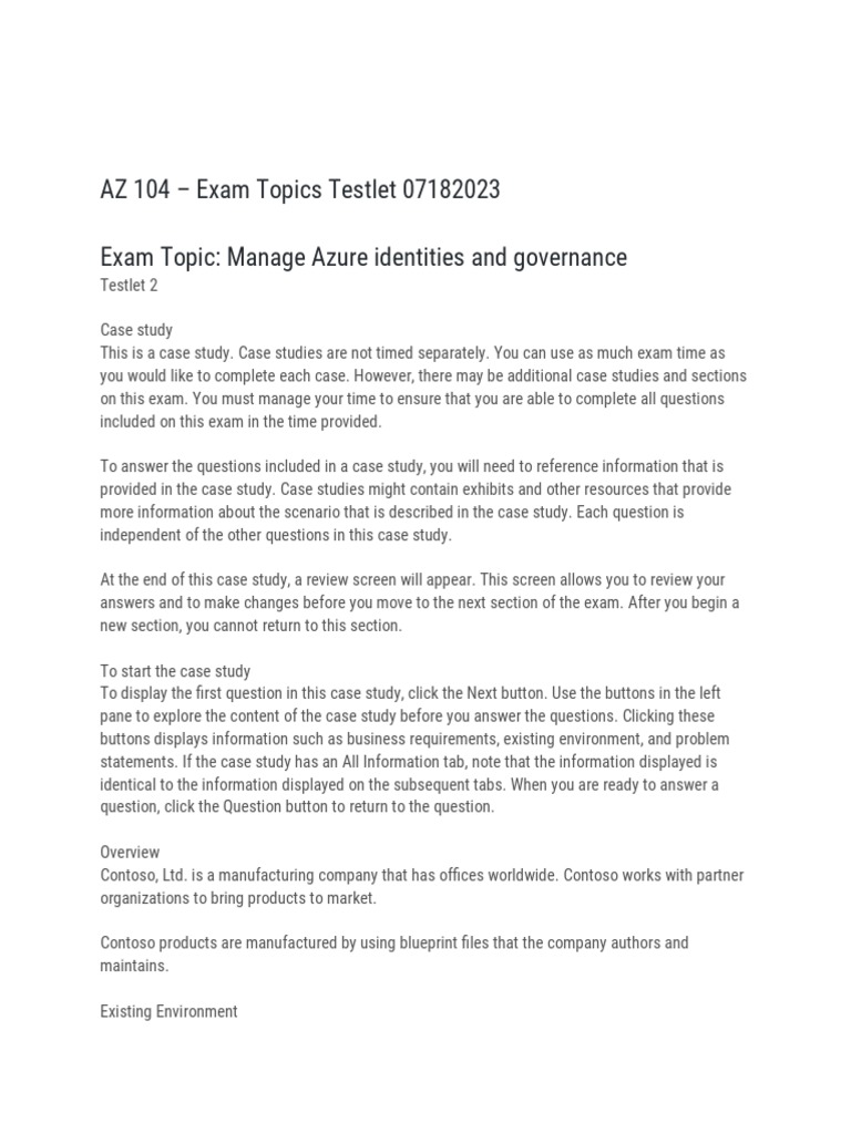 AZ 104 - Exam Topics Testlet 07182023 | PDF | Active Directory | World ...