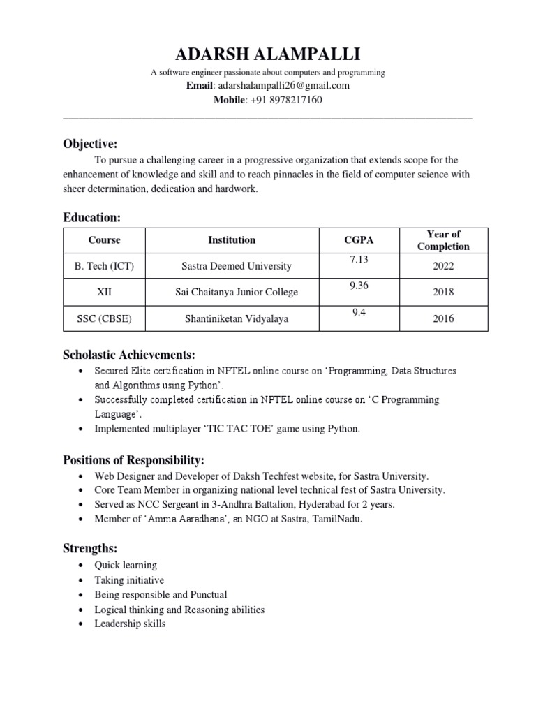 Software Engineer Resume: Adarsh Alampalli | PDF | Computer Programming ...