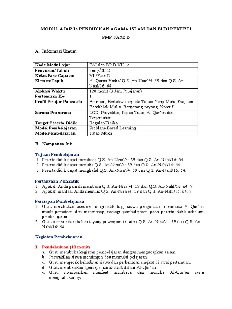 Modul Ajar Pai Dan BP SMP Kelas Vii Bab 1 | PDF | Karier & Perkembangan | Seni & Disiplin Bahasa