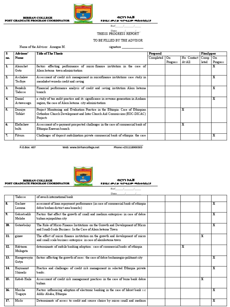 Thesis - Progress Report. For Advisor Only | PDF | Microfinance | Ethiopia
