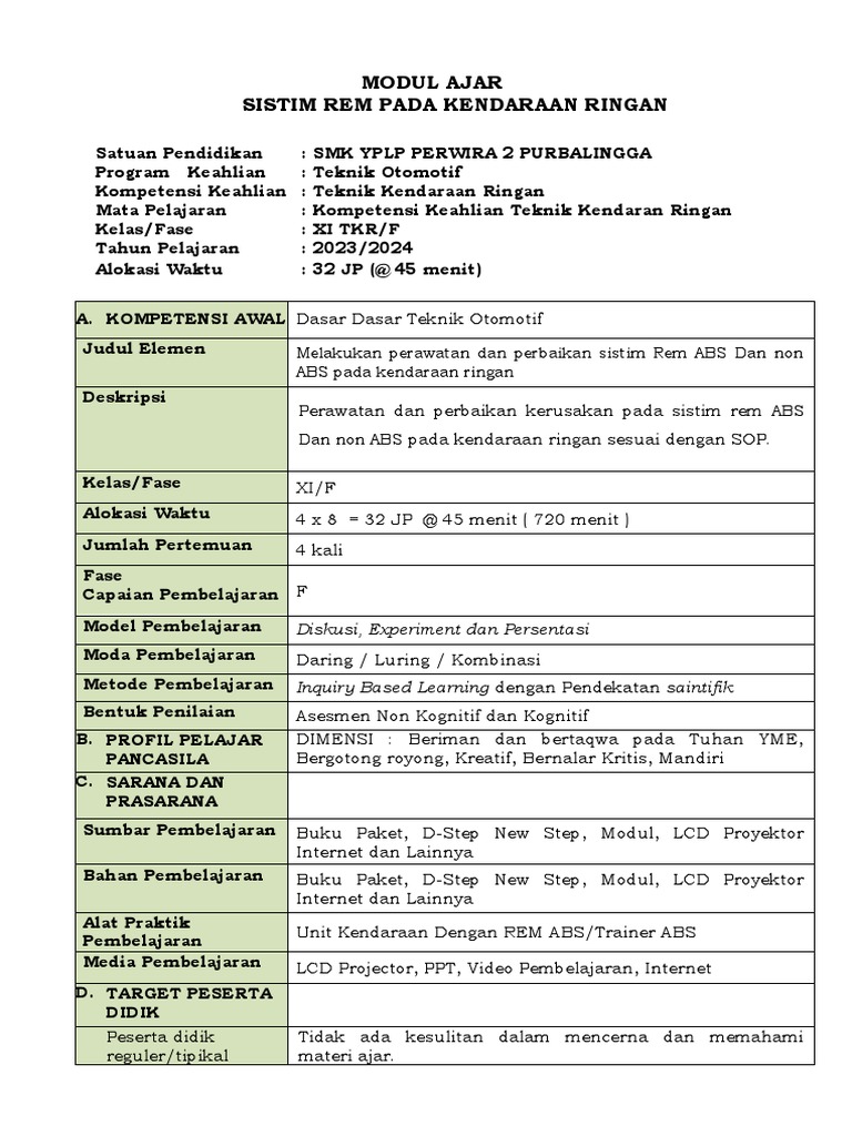 Modul Ajar - Rem Abs Dan Non Abs - Sistim Sasis Kendaraan Ringan | PDF Modul Ajar - Rem Abs Dan Non Abs - Sistim Sasis Kendaraan Ringan | PDF
