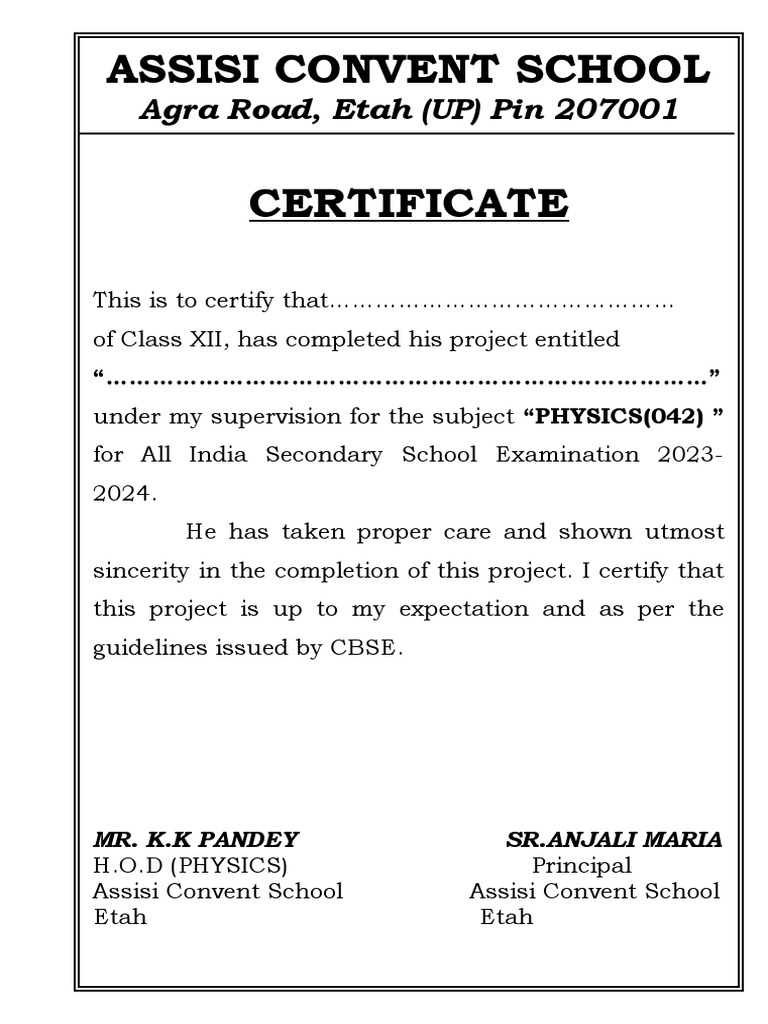 Physics Project Certificate Class 12 | PDF