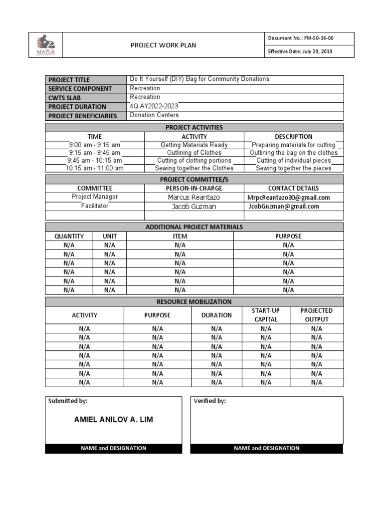CWTS103 Project Work Plan-LIM | PDF | Clothing | Manufactured Goods