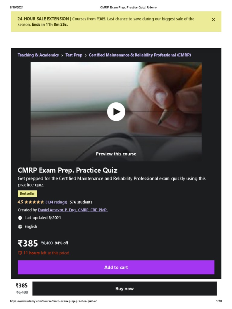 CMRP Exam Prep. Practice Quiz - Udemy | PDF | Reliability Engineering