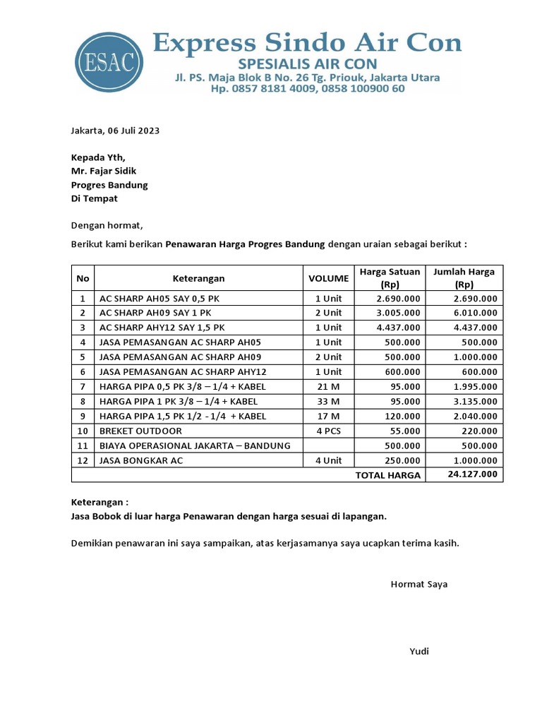 Penawaran Harga Progres Bandung | PDF