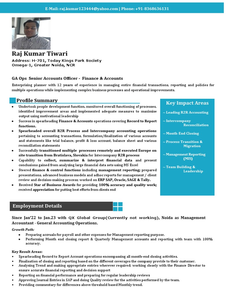 CV-Raj Kumar Tiwari | PDF | Balance Sheet | Accounting