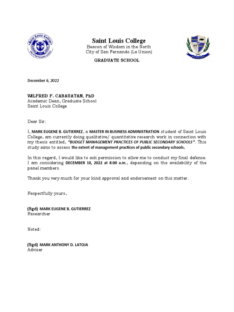 Letter For The Application of Final Defense - 2 | PDF