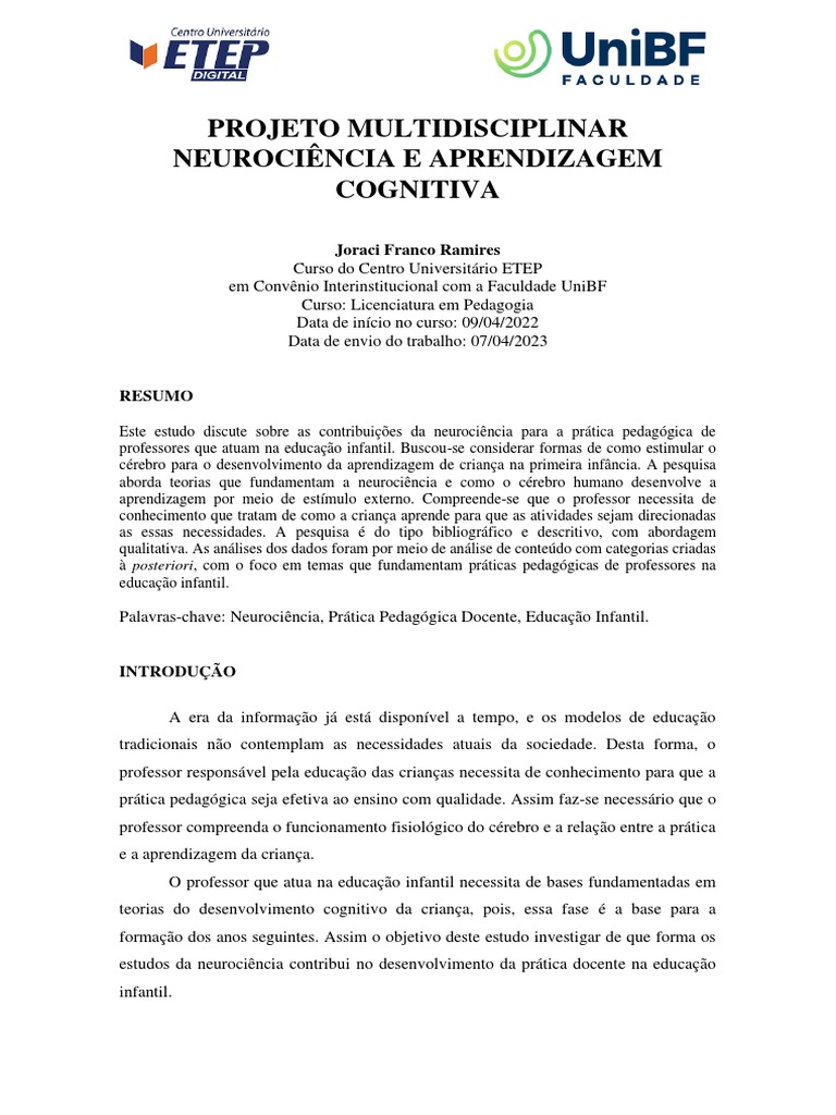 Projeto Multidisciplinar - Neurociência e Aprendizagem Cognitiva | PDF | Aprendizado ...
