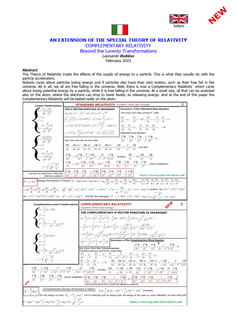 Complementary Relativity Beyond The Lorentz Transformations Eng Ita