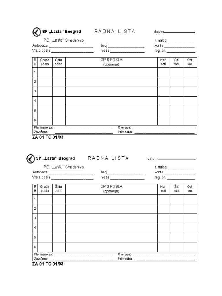 ZA 01 TO 01-03 Radna Lista | PDF