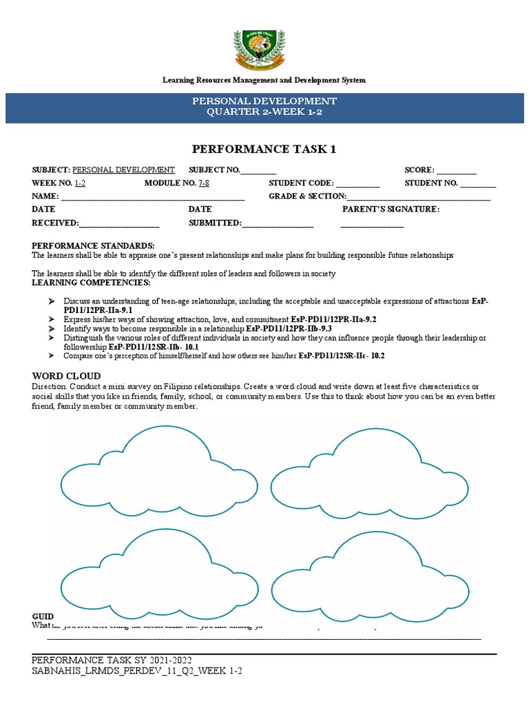 Performance Task 1: Personal Development Quarter 2-Week 1-2 | PDF | Syntax | Grammar