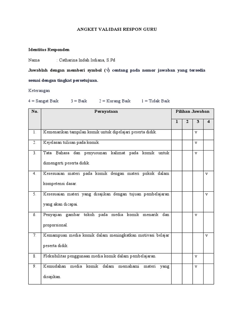 ANGKET VALIDASI RESPON GURU - Catharina Indah Isdiana, S.PD | PDF
