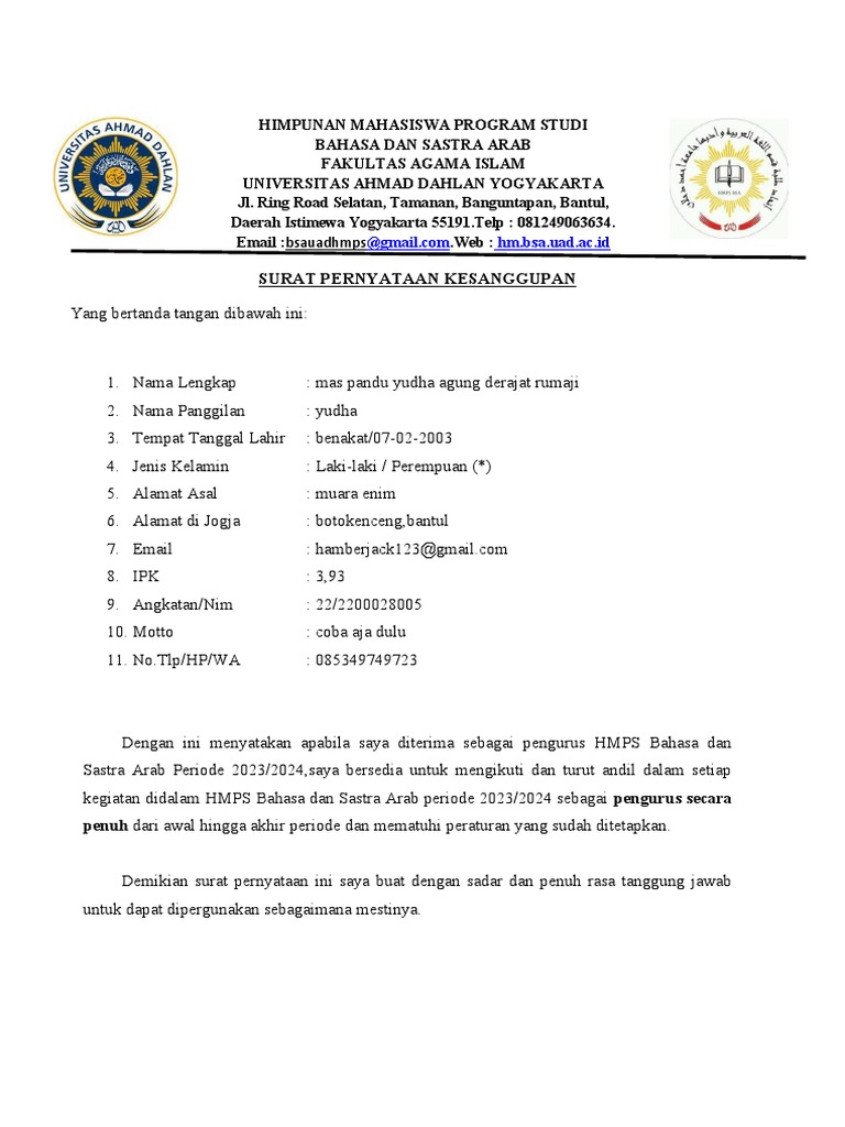 Surat Kesanggupan Hmps-1 | PDF