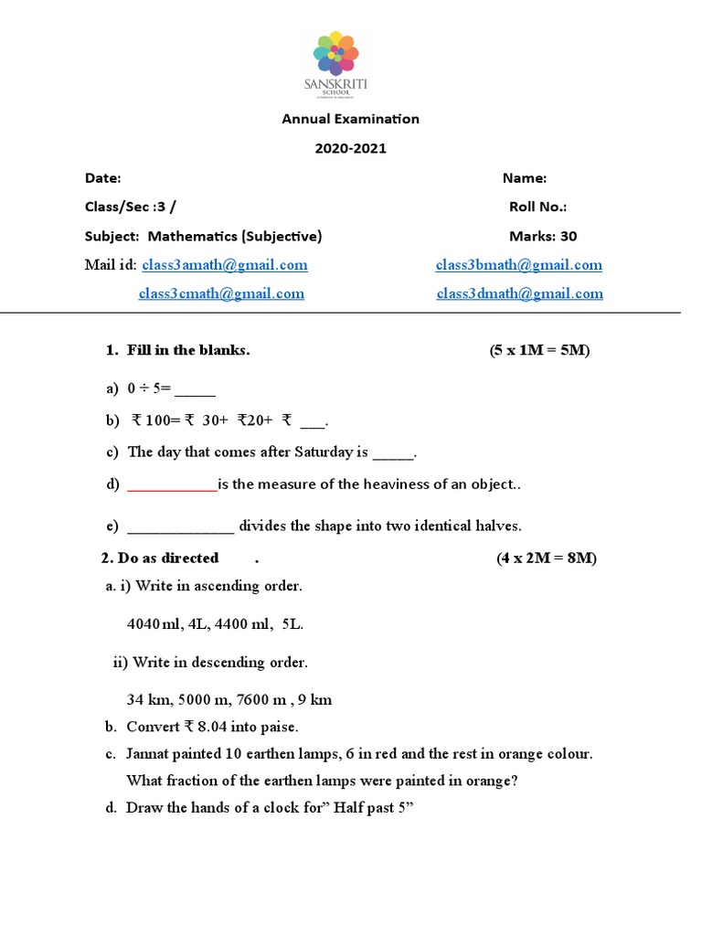 Grade 3 Maths Annual Exam Paper Subjective 20-21 | PDF