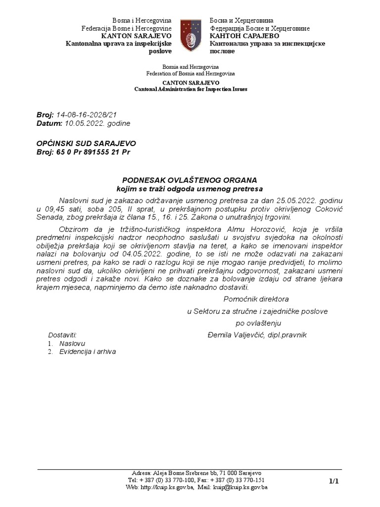 Molba Za Odgodu Senad Coković 891555 21 | PDF