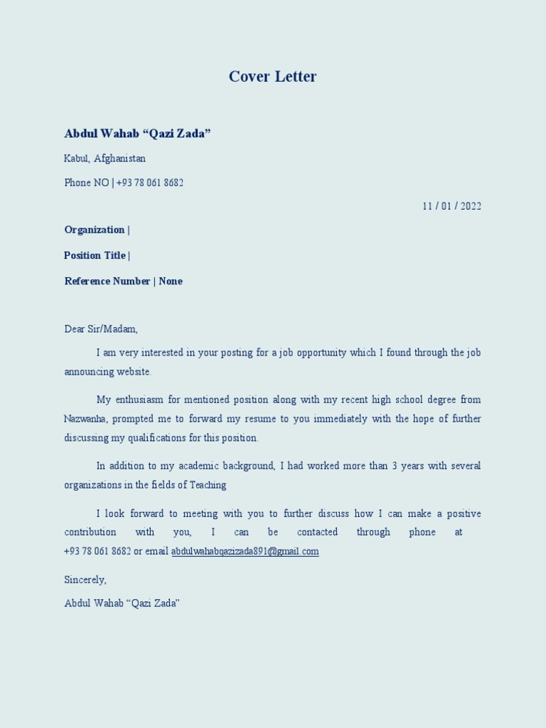 Cover Letter [Abdul Wahab Qazi Zada] 2 | PDF