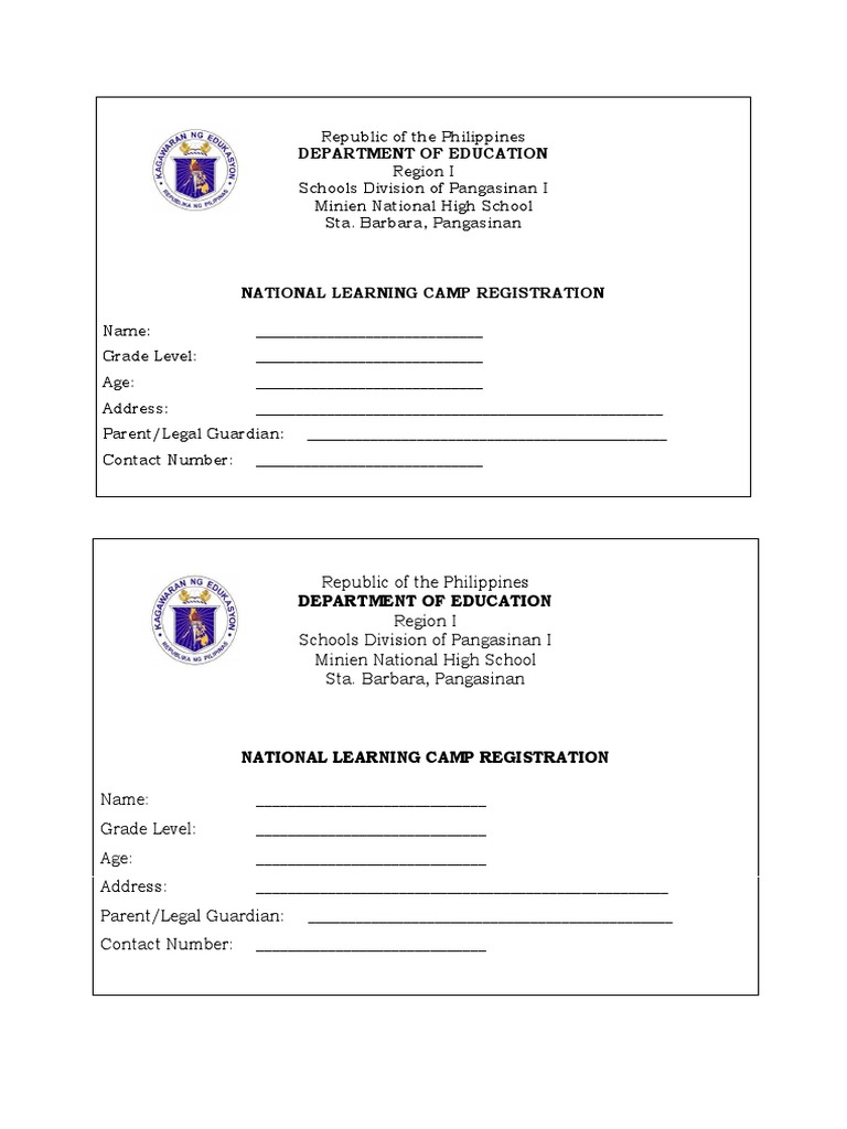 NLC Registration Form for Minien High School | PDF | Self-Improvement