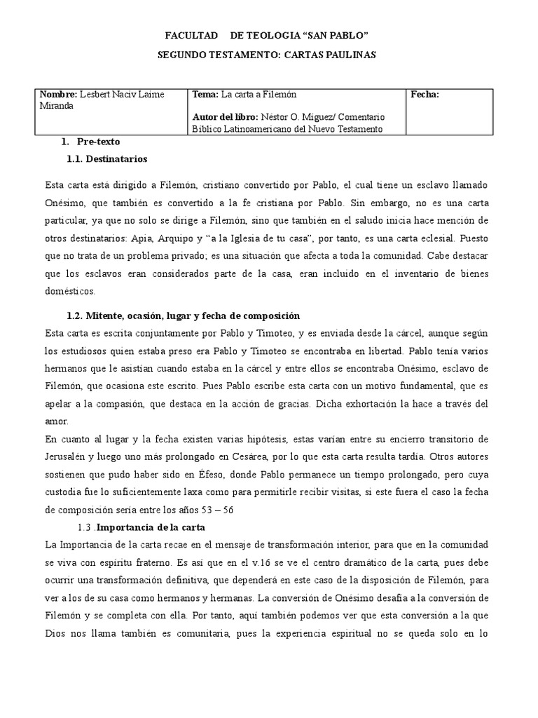 Carta A Filemon - LAIME LESBERT | PDF | Pablo el apóstol | Epístola a ...