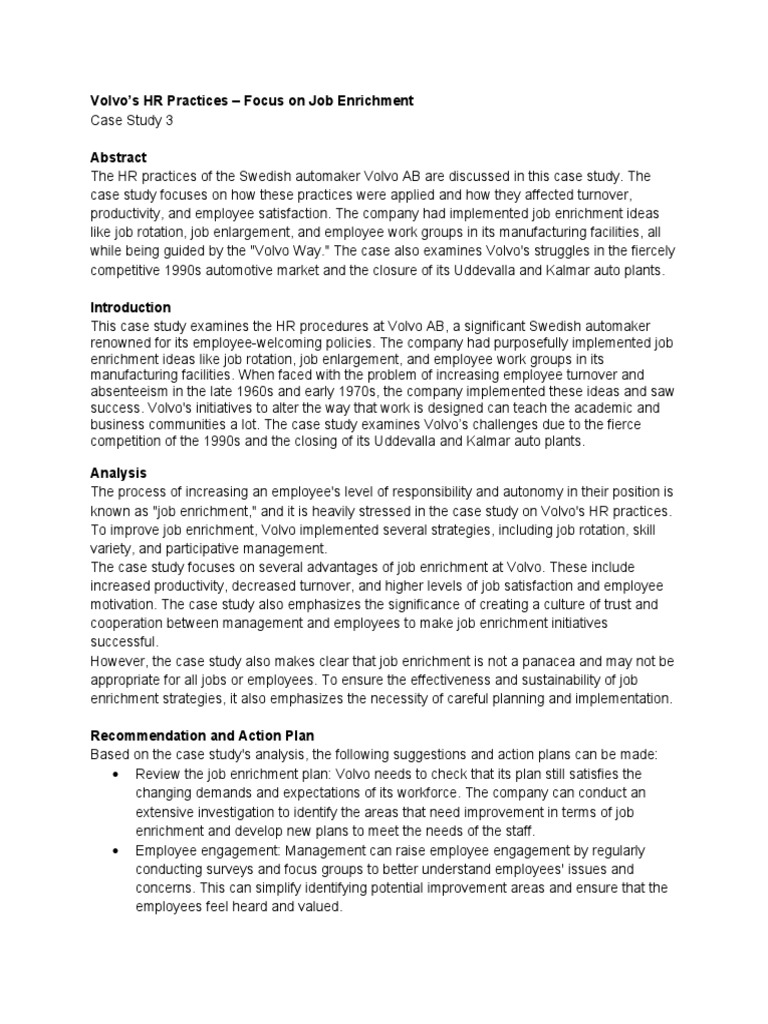 Volvo HR Case Study: Job Enrichment Insights | PDF | Employment ...