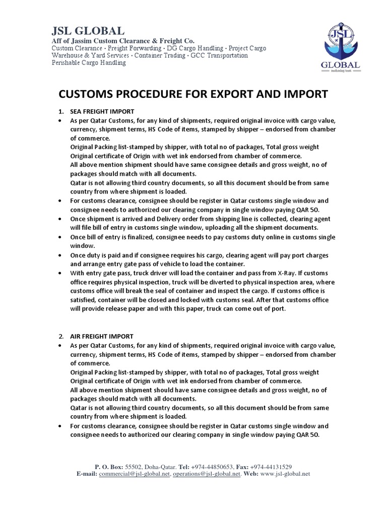 Qatar Customs Procedure For Export and Import | PDF | Cargo | Customs