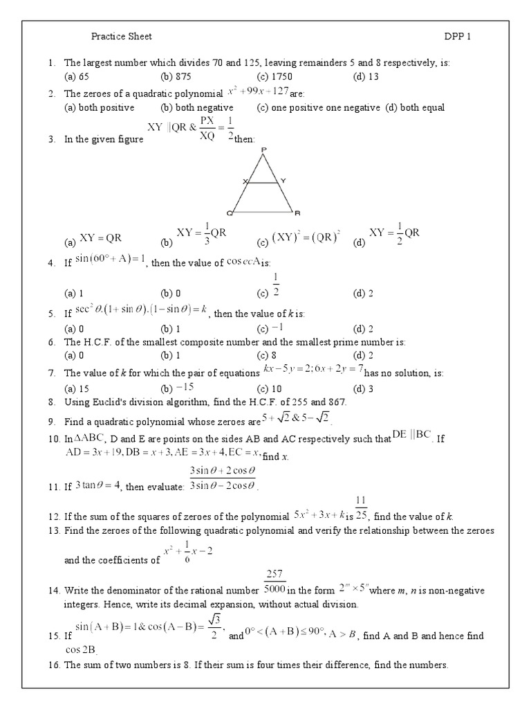Practice Sheet DPP 1 - 2 | Download Free PDF | Polynomial | Zero Of A Function