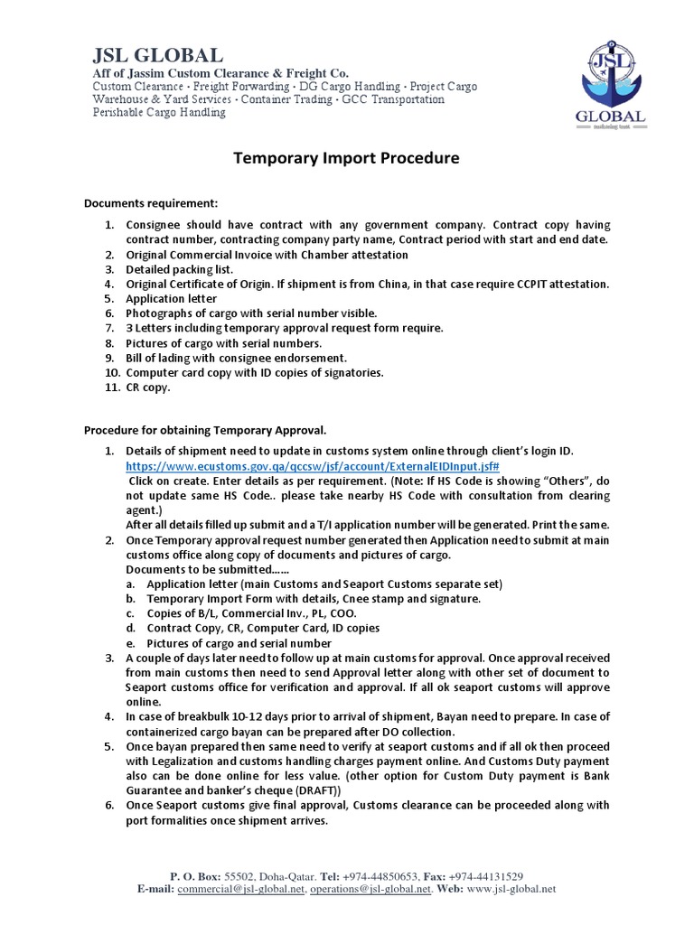 Temporary Import Procedure | PDF | Cargo | Freight Transport