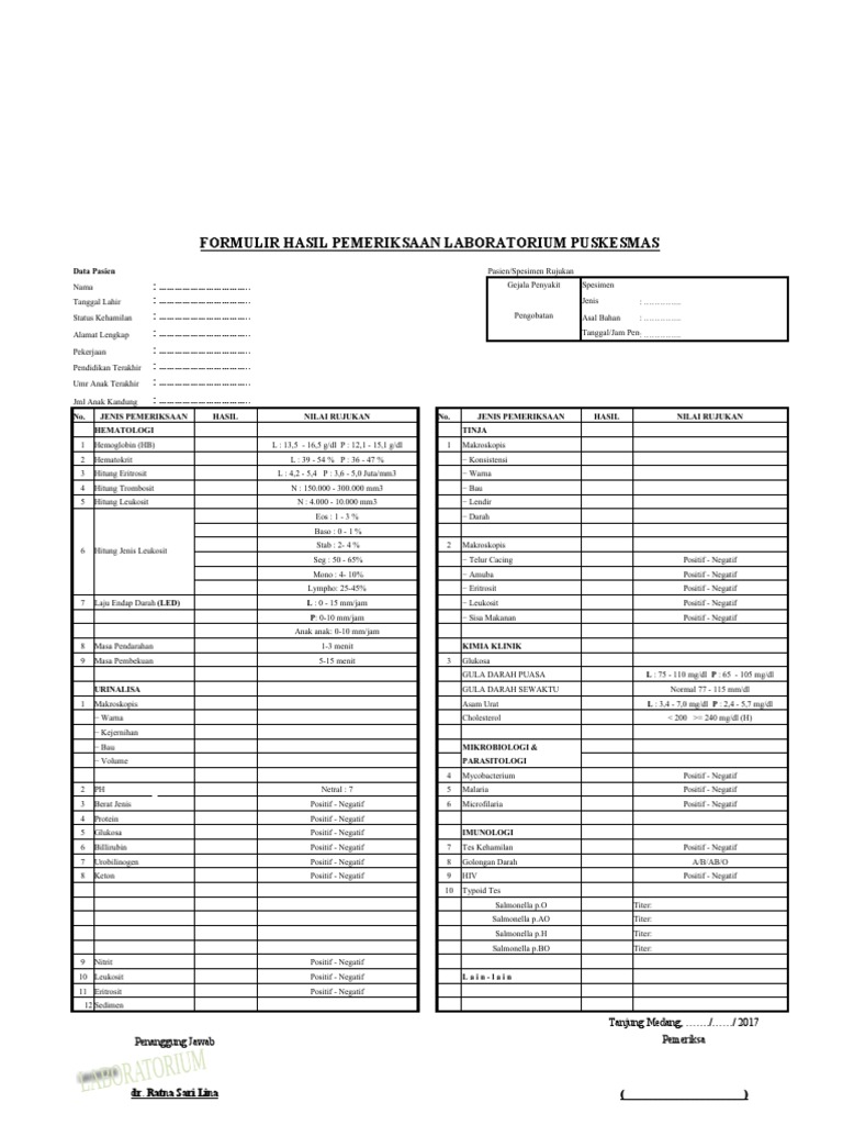 FORMULIR PEMERIKSAN LAB Dengan Rentang Nilai | PDF