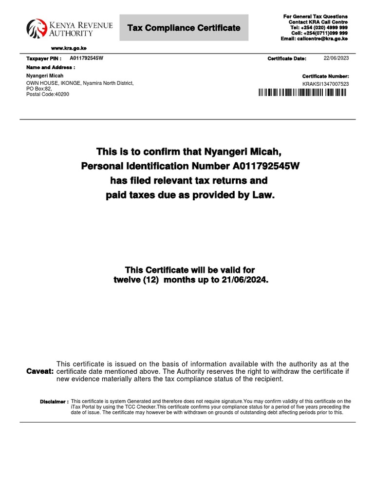 Tax Compliance Certificate Pdf