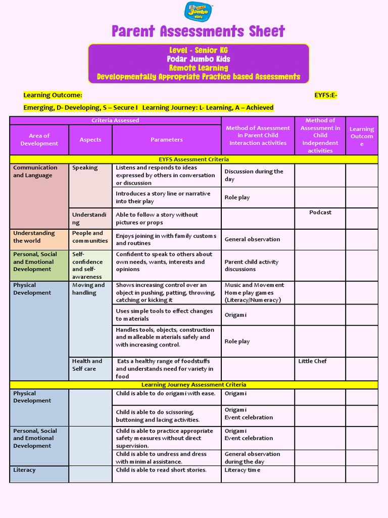Senior KG - Parent Assessment Sheet | PDF | Literacy | Learning