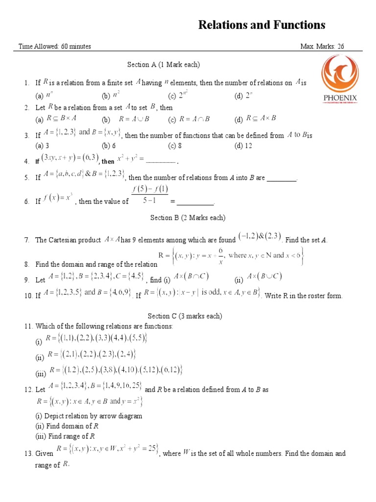 Test XI Relations and Functions 2023 | PDF