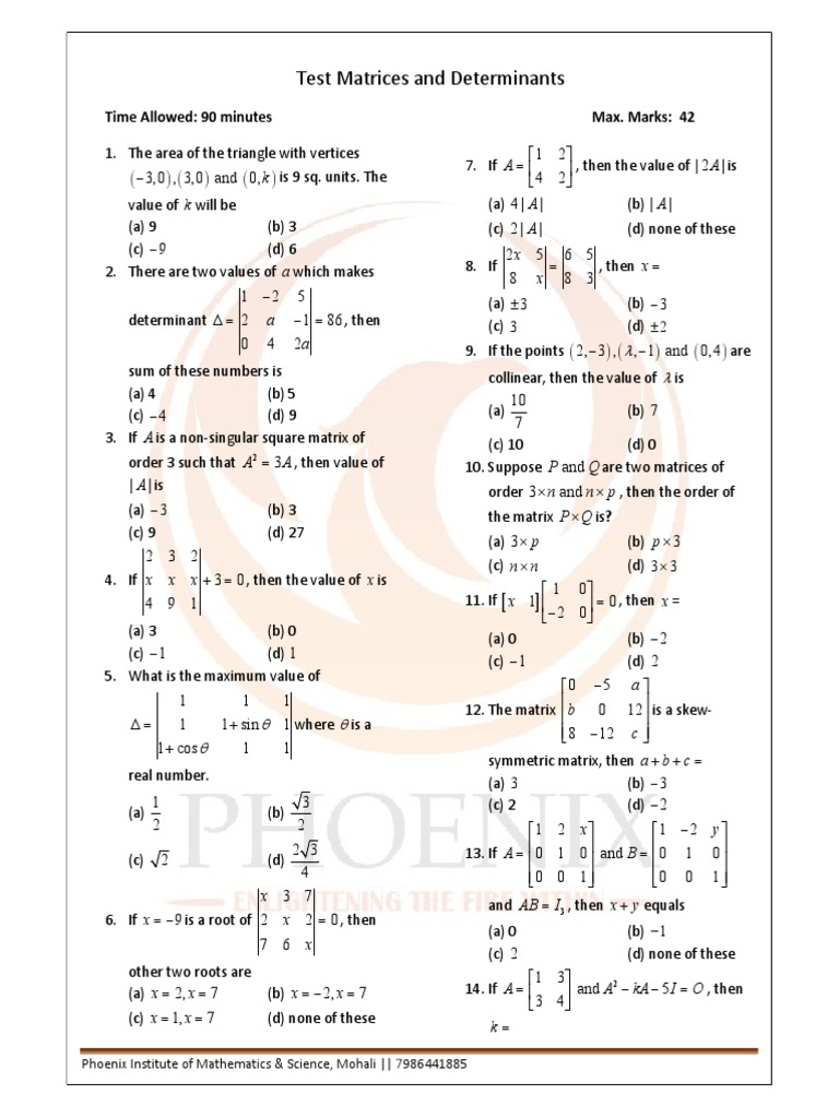 Test Matrices and Determinants 2023 | Download Free PDF | Determinant ...