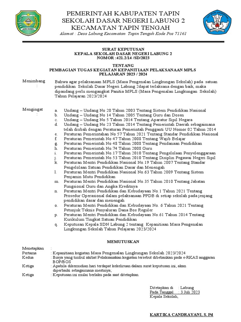 SK Panitia MPLS SDN Labung 2 | PDF