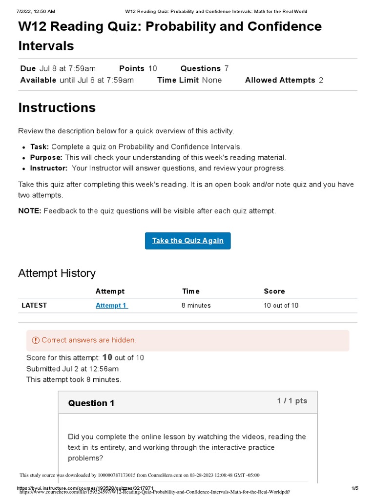 W12 Reading Quiz Probability and Confidence Intervals Math For The Real World PDF | PDF ...