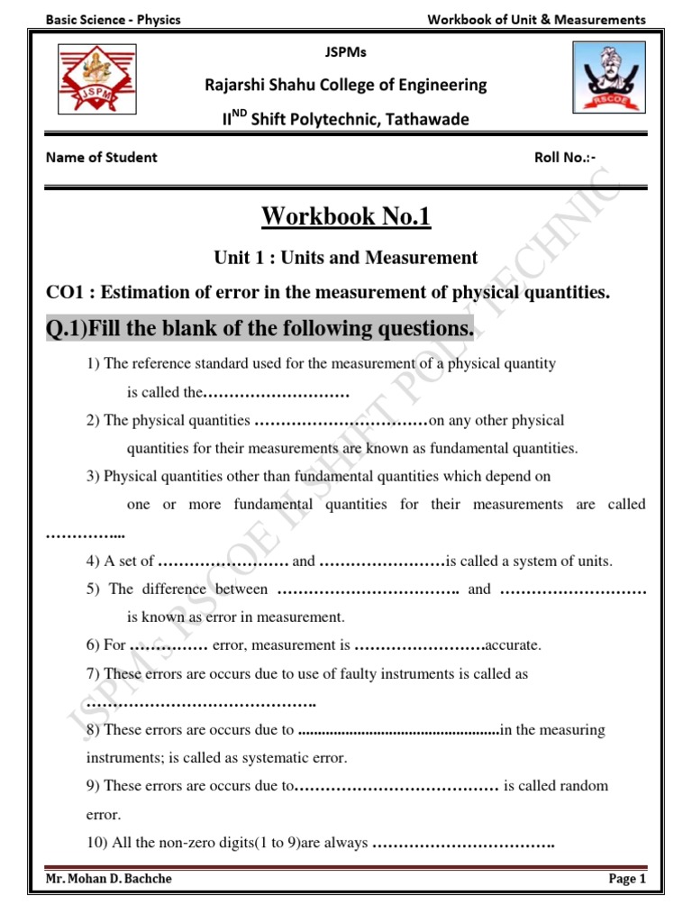 Physics Units & Measurements Workbook | PDF | Kilogram | Measurement