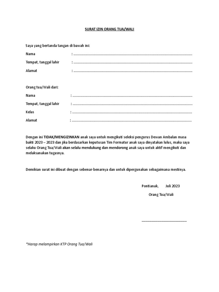 SURAT IZIN ORANG TUA Dewan Ambalan | PDF