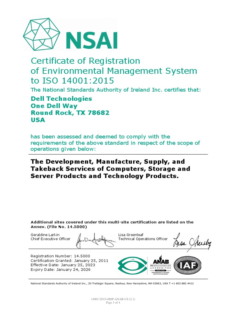 Dell ISO 14001:2015 Certification Details | PDF | Dell | Information ...