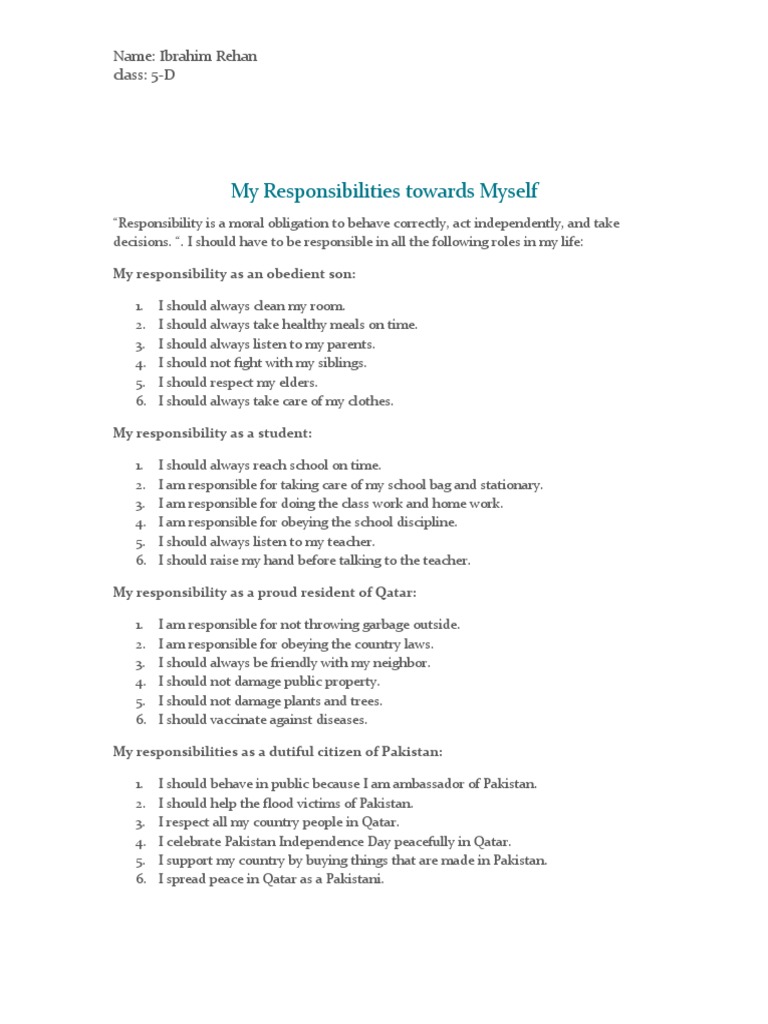My Responsibilities Towards Myself | PDF | Self-Improvement | Wellness