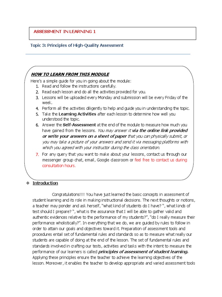 Learning Module 3 ASSESSMENT IN LEARNING 1 | PDF | Educational Assessment | Learning