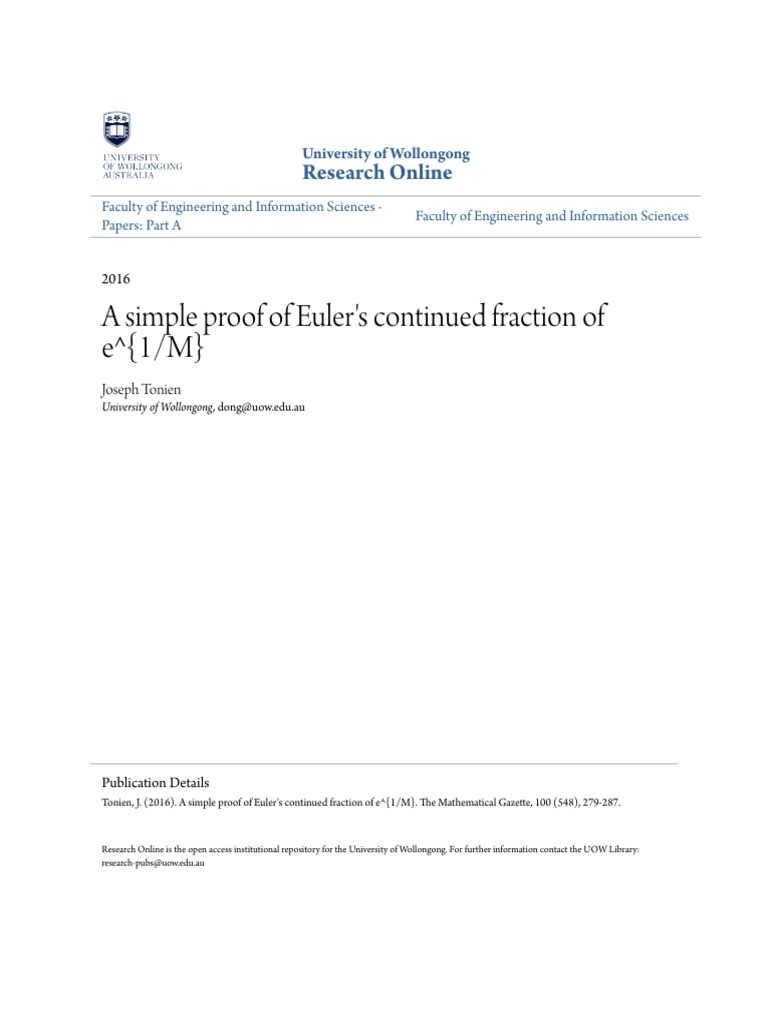 A Simple Proof of Eulers Continued Fraction of e (1 - M) | PDF ...