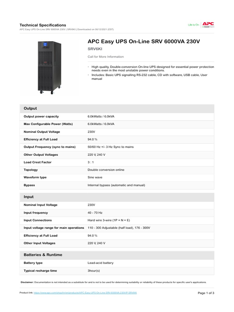 Apc Srv6ki 6 0 Kva Easy Online Ups | PDF | Mains Electricity | Electromagnetism