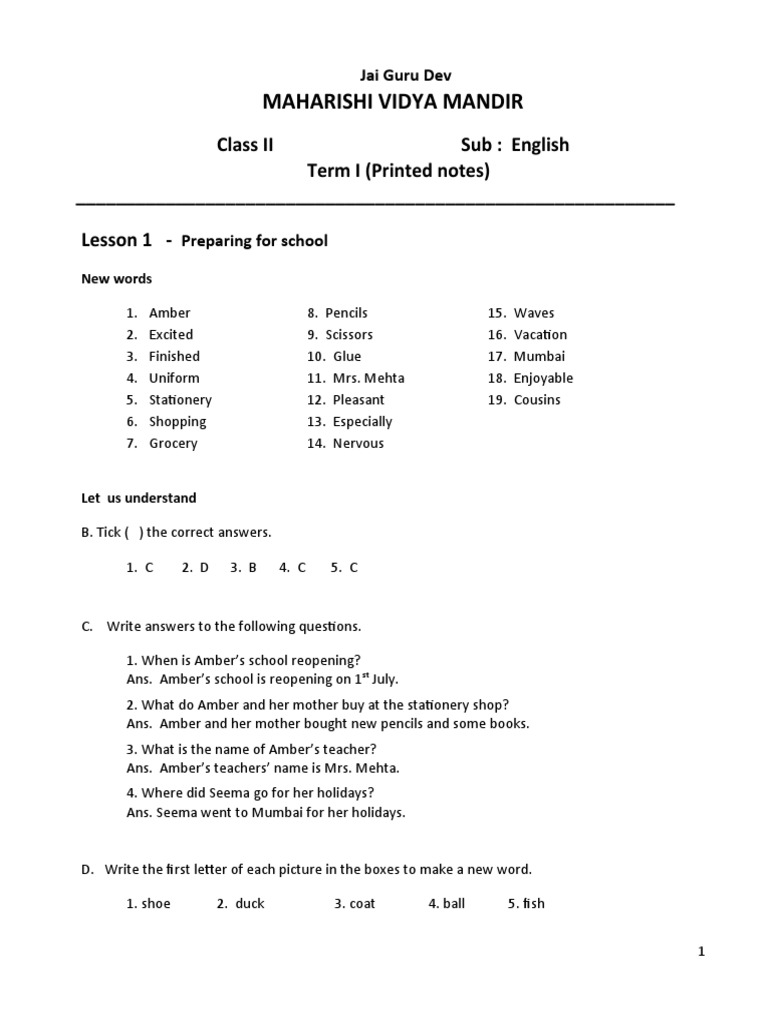 Class 2 English Term 1 Notes | PDF | Plural | Noun