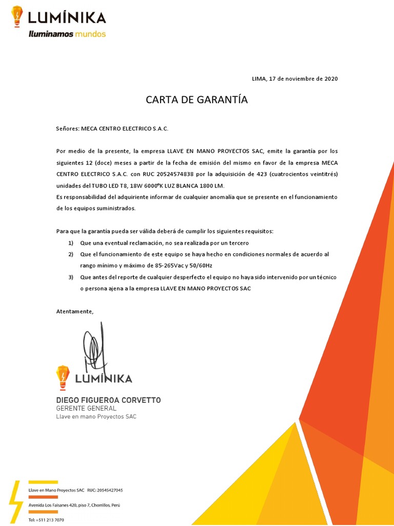 Carta Garantia Meca Centro Electrico S.A.C | PDF