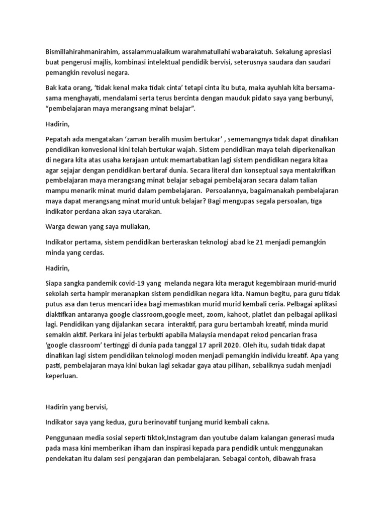 Pidato 'Pembelajaran Maya Merangsang Minat Belajar' | PDF | Ilmu Sosial ...