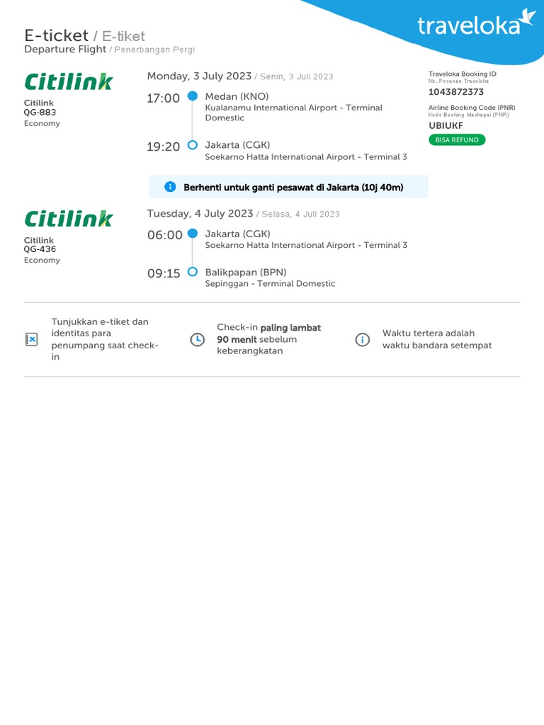 Tiket Medan Balik Papan Reno Benlifert Purba-Kno-Ubiukf-Bpn-Flight - Originating | PDF